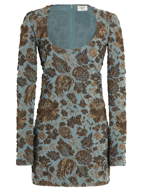 Saint Laurent Floral Stretch-brocade Mini Dress - Blue