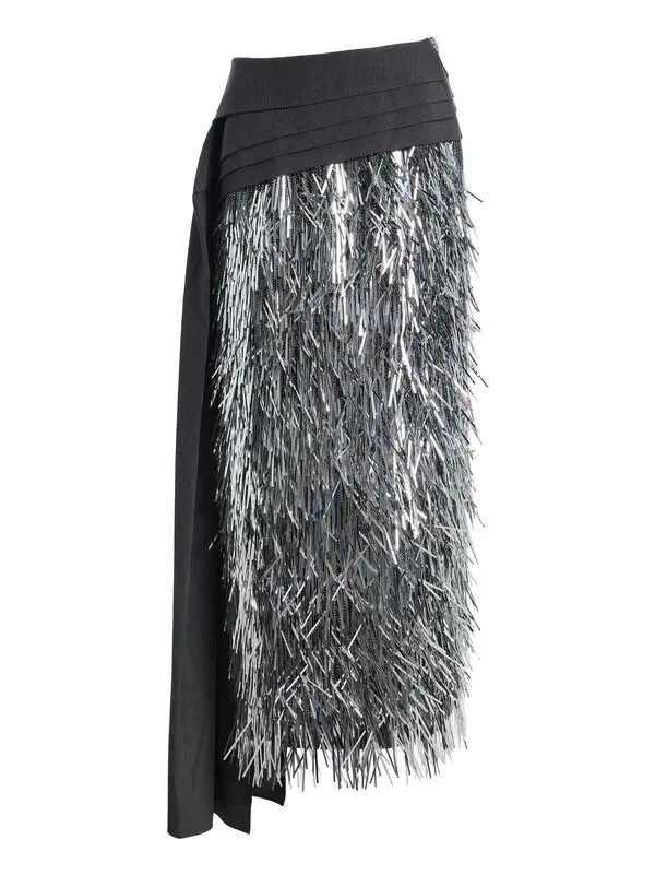 CHORUS Embellished Silk Midi Skirt - Silver