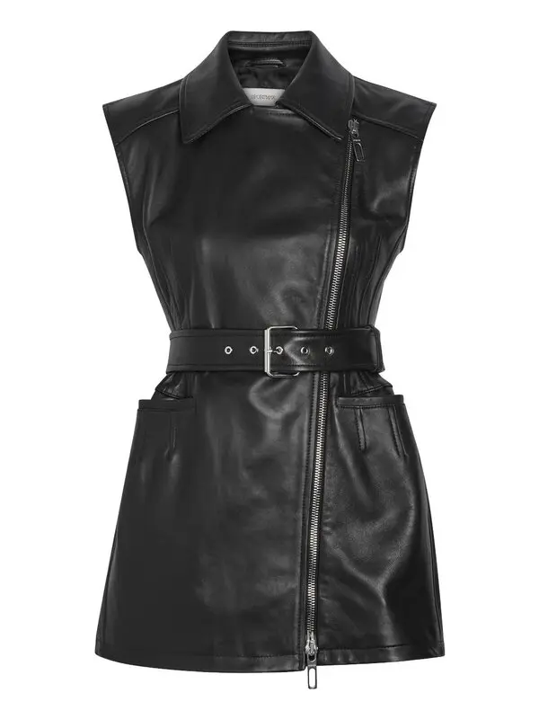 Sportmax Belted Leather Biker Vest Jacket - Black