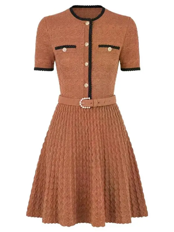 SELF-PORTRAIT Pointelle Knit Mini Dress With Decorative Buckle - Brown
