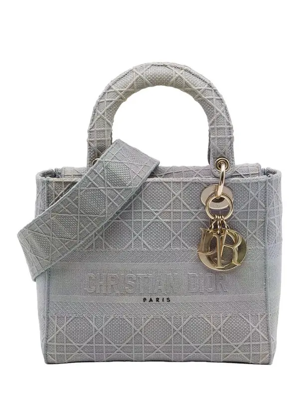 Dior Embroidered Canvas Cannage Lady D Lite Satchel - Grey