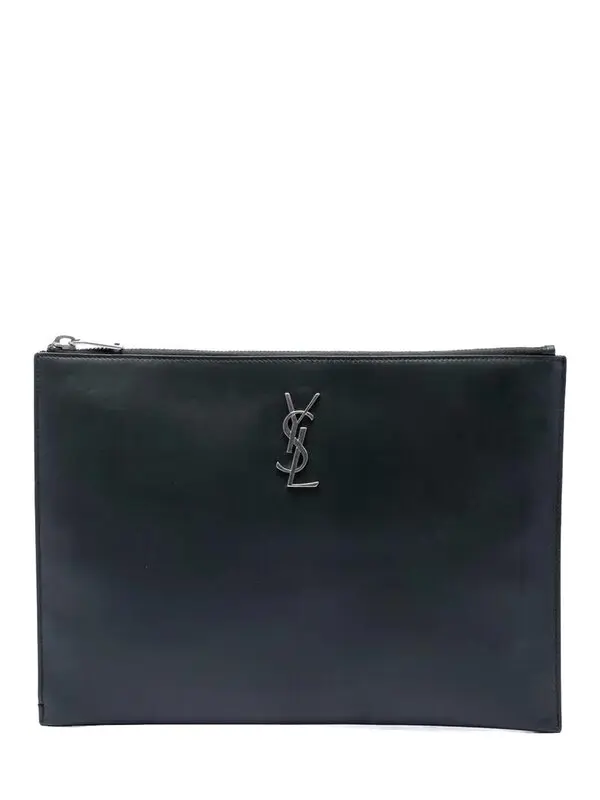 Saint Laurent Leather Monogrammed Ipad Case Clutch - Blue