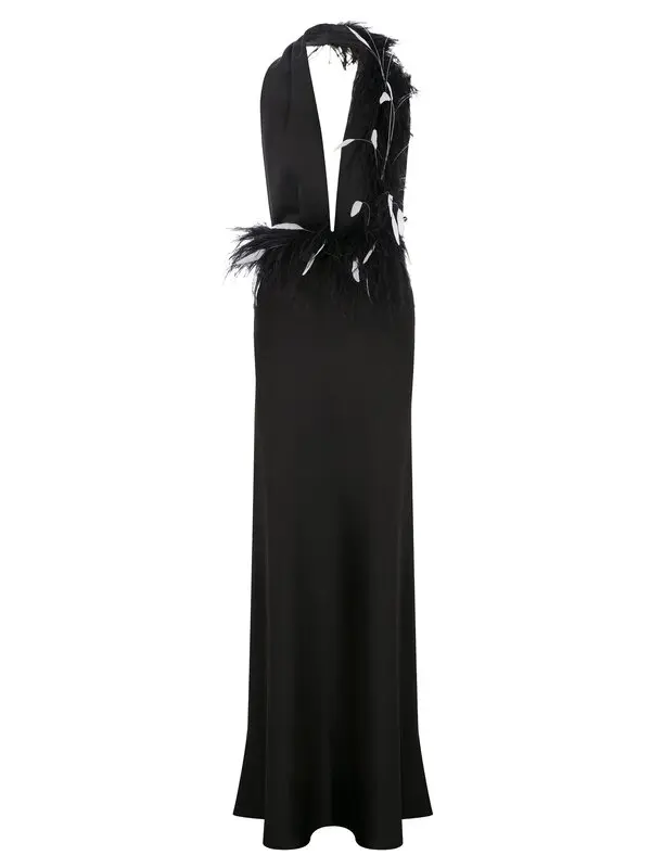 Ila Carey Feathered Halterneck Maxi Dress - Black