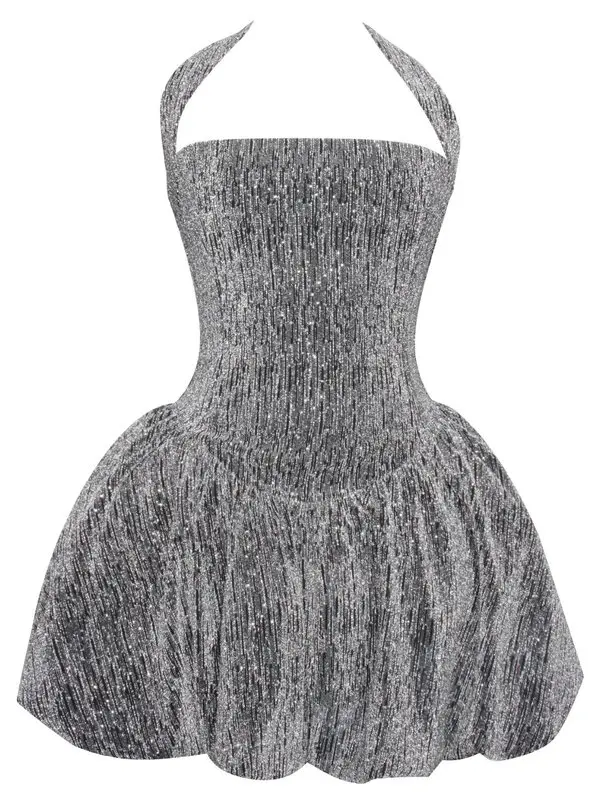 MISS CIRCLE NEW YORK Naomie Crystal Embellished Bubble Hem Halter Mini Dress - Silver
