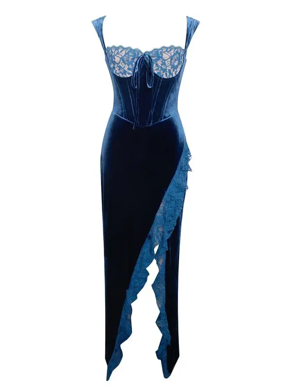MISS CIRCLE NEW YORK Odilia Teal Lace Velvet Maxi Dress - Blue