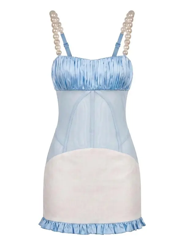 CLERESTORY Pearl Embellished Mesh Waist Linen Mini Dress - Blue