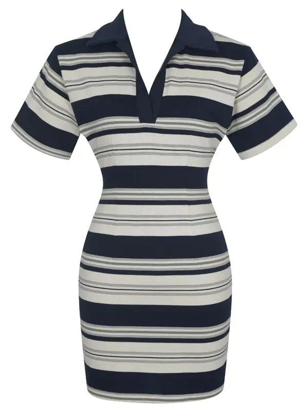 MISS CIRCLE NEW YORK Whitley Navy & Ivory Piqué Cotton Striped Collared Mini Dress - Blue/white