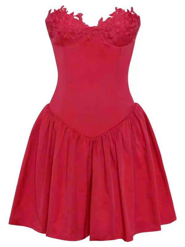 MISS CIRCLE NEW YORK Sacha Lace Drop Waist Corset Puffy Strapless Mini Dress - Red