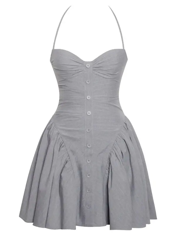 MISS CIRCLE NEW YORK Melody Gray Stripe Halter Drop Waist Mini Dress - Grey