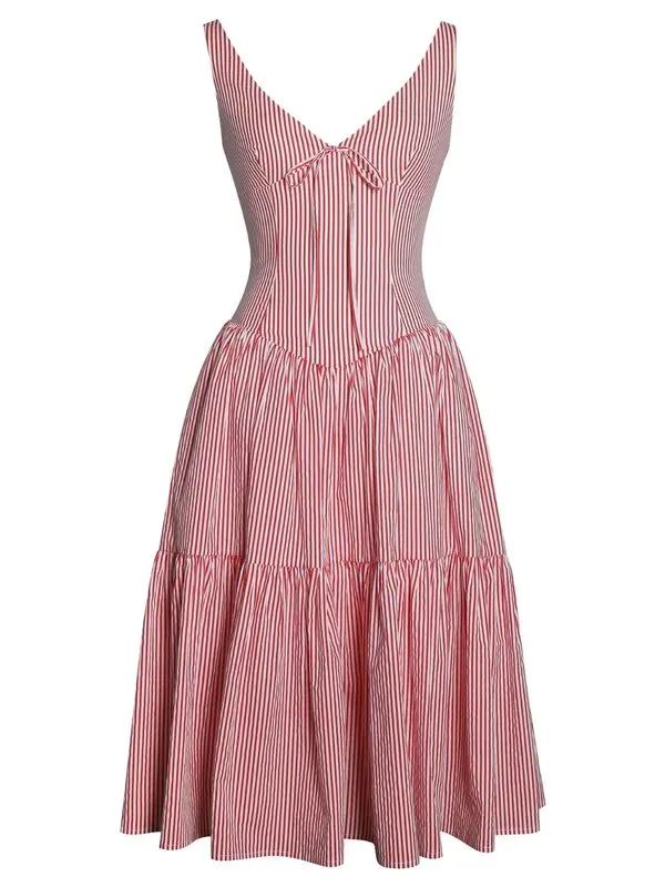 MISS CIRCLE NEW YORK Oceana Candy Stripe Drop Waist Midi Dress - Red