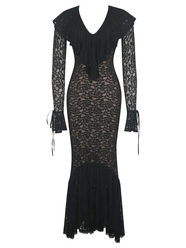 MISS CIRCLE NEW YORK Parisa Lace Ruffled Mermaid Maxi Dress - Black