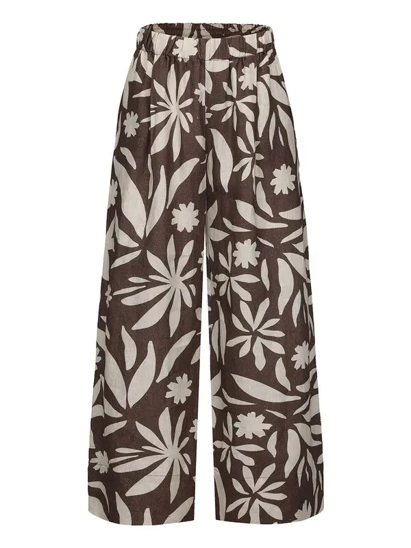 NUAJE NUAJE Rhea Wide Leg Linen Pants - Brown/white