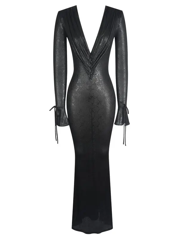 MISS CIRCLE NEW YORK Ilysia V-neck Plunge Snakeskin Mermaid Hem Maxi Dress - Black