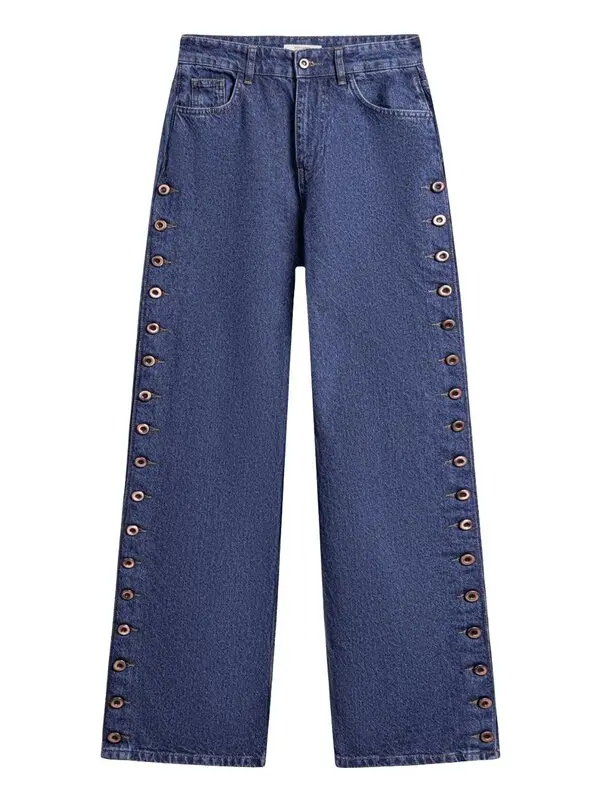 NOCTURNE Eyelet Detail Wide-leg Denim Pants - Blue
