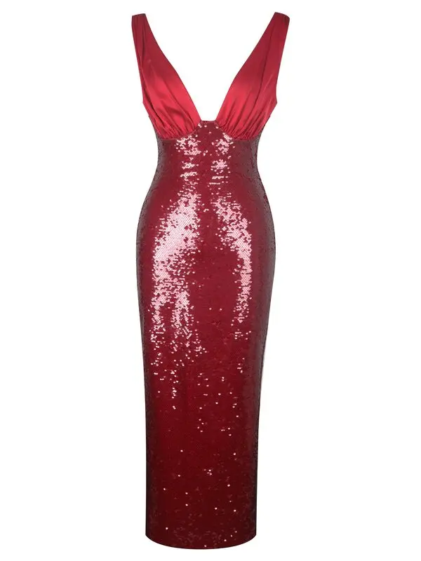 MISS CIRCLE NEW YORK Crimson Sequin Plunge Midi Dress - Red