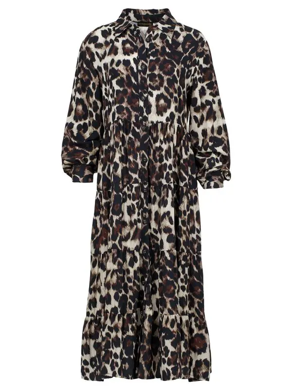 CONQUISTA Animal Print Tiered Maxi Dress With Button Detail - Brown