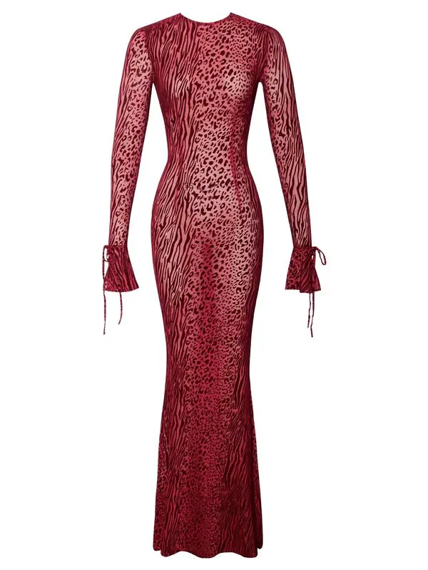 MISS CIRCLE NEW YORK Waylynn Burnout Velvet Cheetah Print Maxi Dress - Red