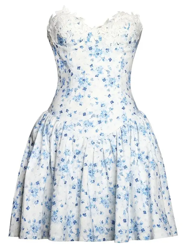 MISS CIRCLE NEW YORK Taleah Floral Print Linen Mini Dress With Lace Trim - Blue