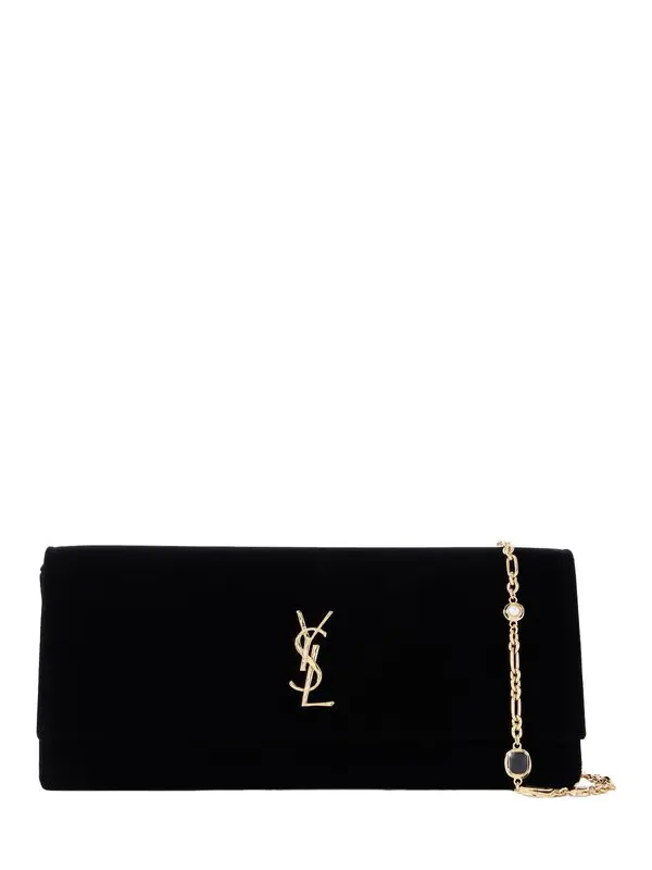 Saint Laurent Kate Velour Logo Chain Clutch - Black