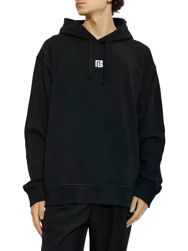 Balmain Logo Embroidered Drawstring Hoodie - Black