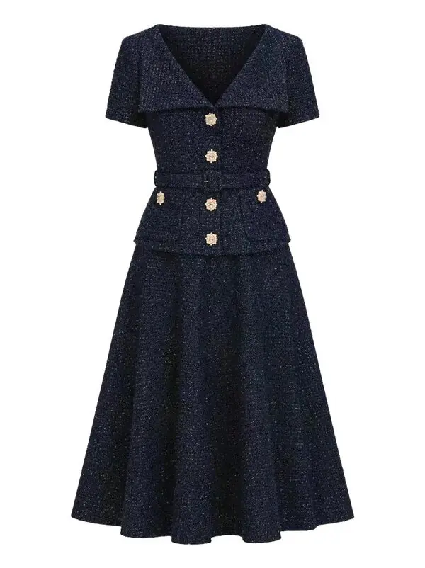 SELF-PORTRAIT Navy Boucle Tailored Midi Dress - Blue
