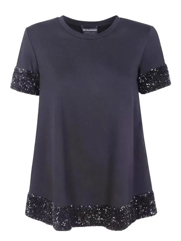 Emporio Armani Short-sleeved Viscose Jumper With Sequined Cuffs And Hem - Black
