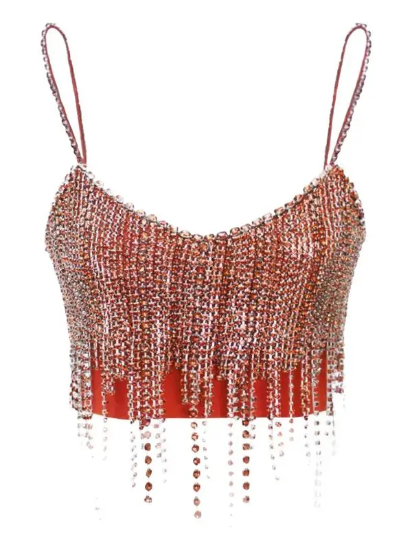 GEMY MAALOUF Beaded Fringe Cropped Top - Red