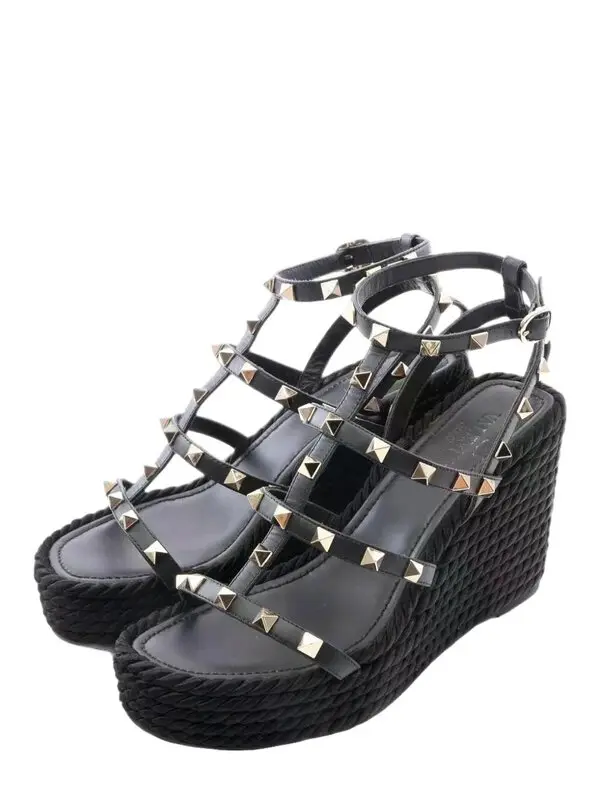 Valentino Garavani Leather Rockstud Wedge Sandals - Black