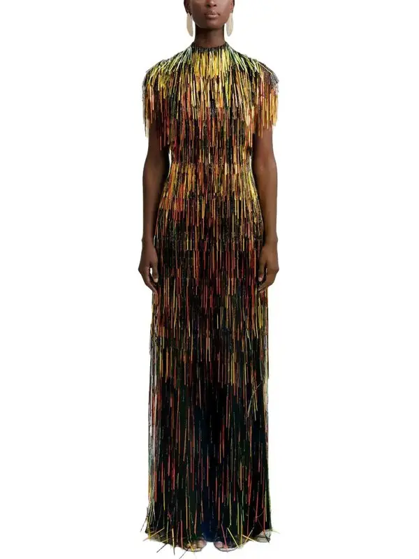 GEMY MAALOUF Beaded Fringe High Neck Sleeveless Floor-length Gown - Black