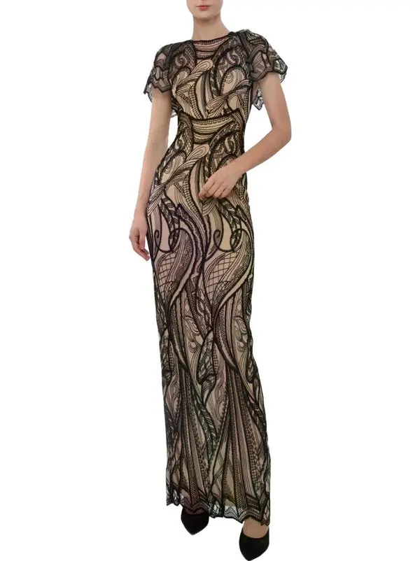 GEMY MAALOUF Black Lace Embroidered Open-back Gown - Neutrals