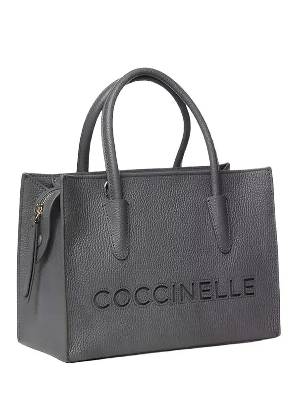 COCCINELLE Grained Leather Tote Bag With Embossed Logo - Grey