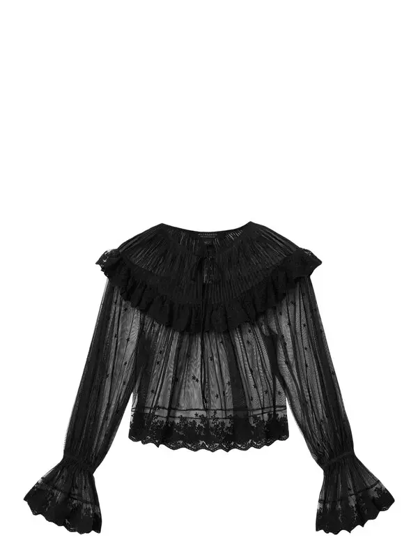 ALLSAINTS Embroidered Mesh Ruffle Blouse - Black