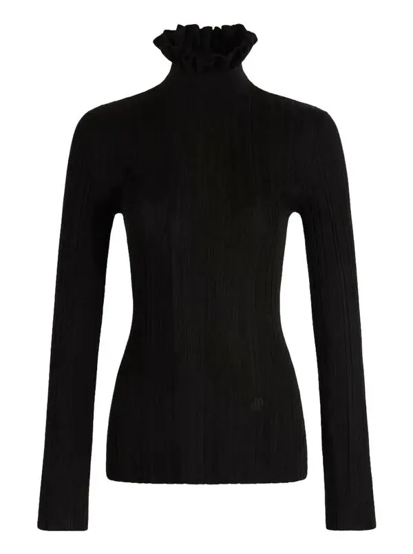 PATOU Ribbed Knit High Neck Sweater With Ruffle Trim - Black