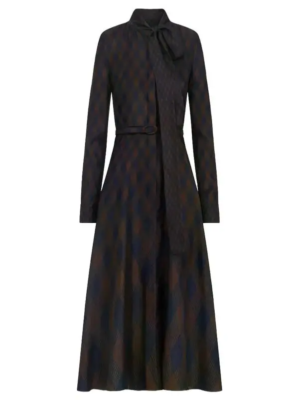 Oscar De La Renta Argyle Print Tie Neck Midi Dress - Brown