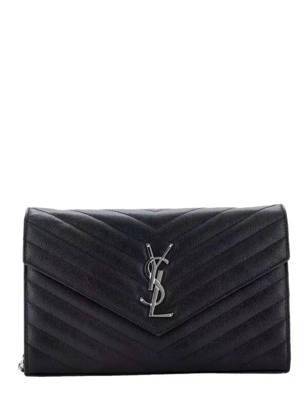 Saint Laurent Classic Monogram Wallet On Chain Matelasse Chevron Leather Medium Crossbody Bag - Black