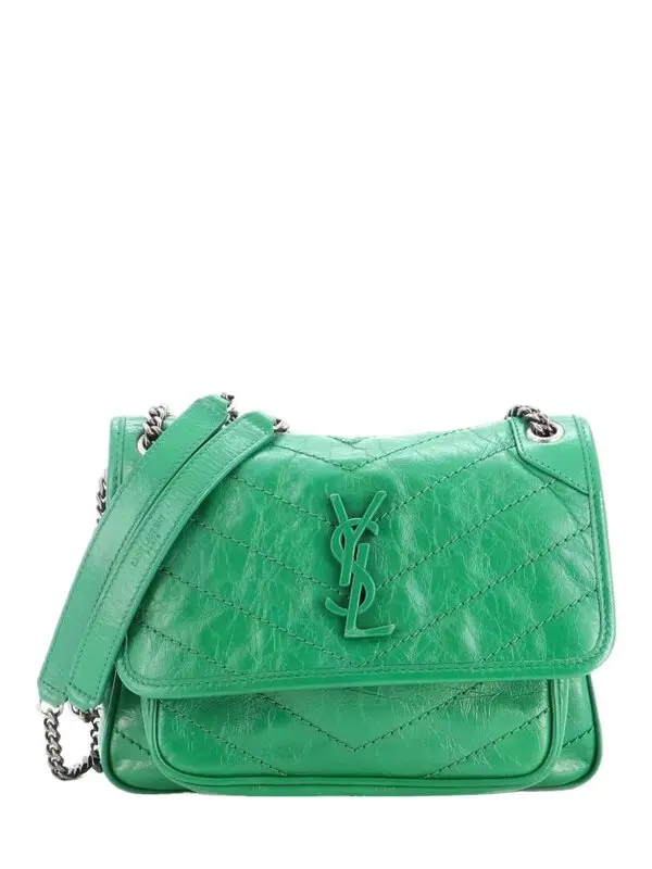 Saint Laurent Niki Chain Flap Bag Matelasse Chevron Leather Shoulder Bag - Green