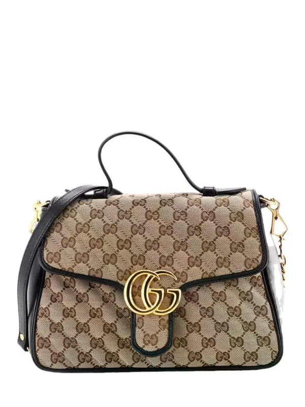 Gucci Gg Marmont Top Handle Flap Bag Diagonal Quilted Gg Canvas With Leather Small Satchel - Black