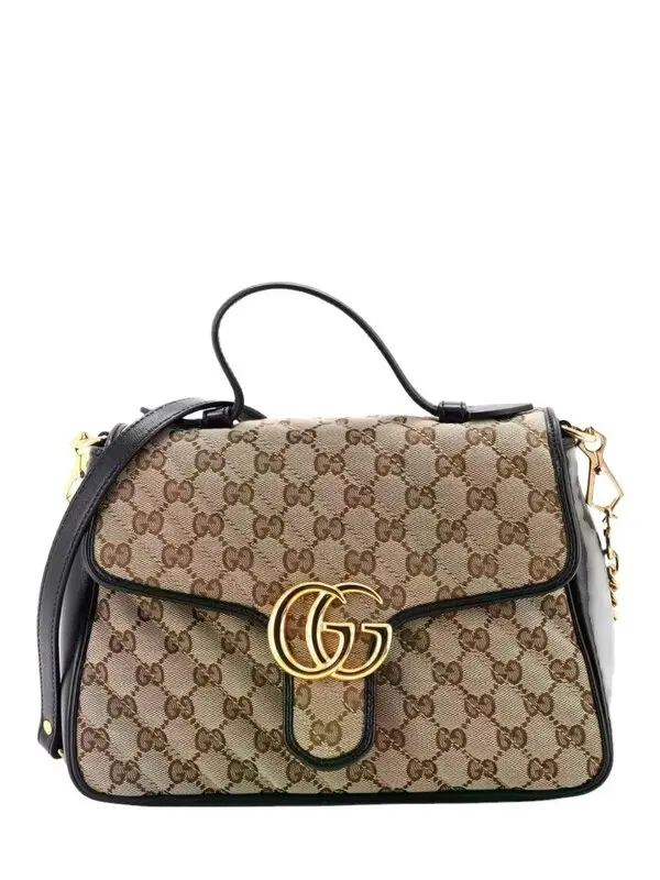 Gucci Gg Marmont Top Handle Flap Bag Diagonal Quilted Gg Canvas With Leather - Black