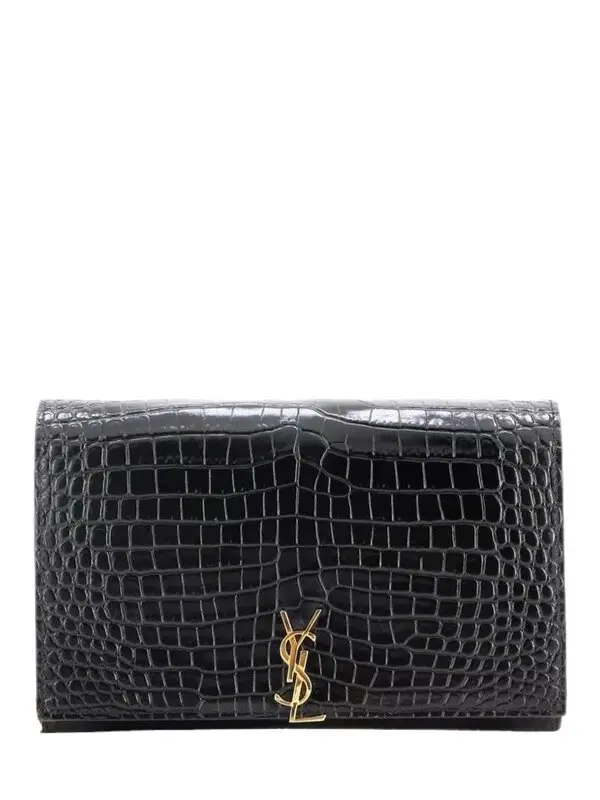 Saint Laurent Crocodile Embossed Leather Monogram Flap Wallet - Black