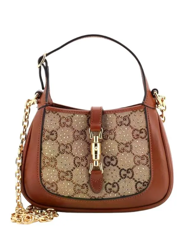 Gucci Jackie 1961 Chain Crystal Embellished Gg Canvas Mini Hobo Bag - Brown