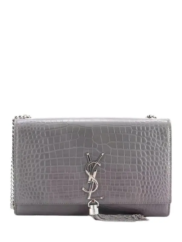 Saint Laurent Monogram Tassel Crocodile Embossed Leather Medium Crossbody Bag - Grey