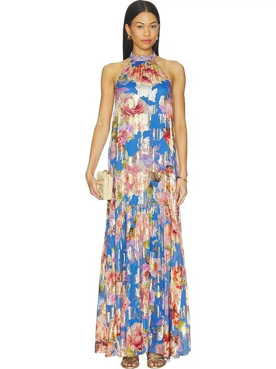 Hemant & Nandita Maxi Dress With Floral Print And Metallic Accents - Blue
