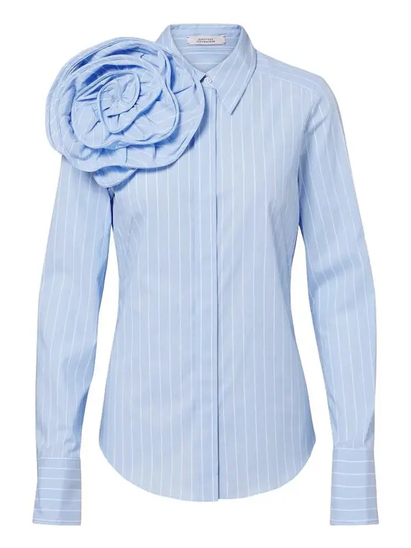 Dorothee Schumacher Striped Cotton-blend Shirt With Floral Appliqu - Blue