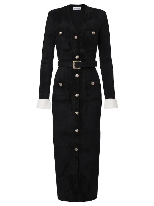 SELF-PORTRAIT Belted Chenille Midi Dress - Black