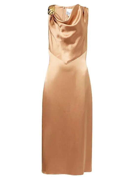 THE DROPPED COLLECTION Sleeveless Cowl Neck Silk Midi Dress - Camel