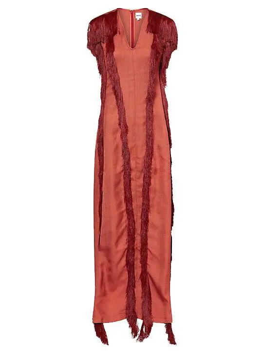 REBIRTH Sleeveless Fringed Woven Maxi Dress - Rust