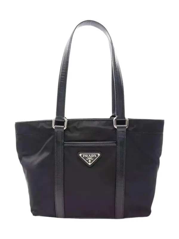 Prada Saffiano Leather Trimmed Logo Plate Tote Bag - Black