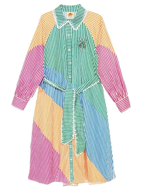 Farm Rio Striped Midi Shirt Dress With Embroidery And Scalloped Trim - White