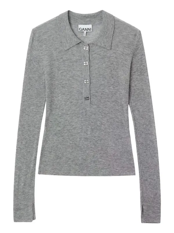 GANNI Crystal-embellished Ribbed Knit Polo Top - Grey