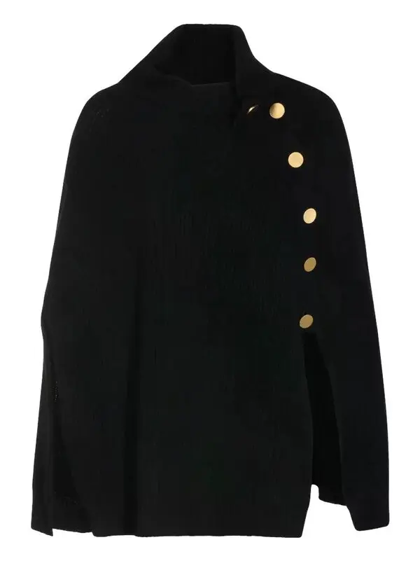 Alberta Ferretti Ribbed Knit Turtleneck Cape Jumper With Button Detail - Black